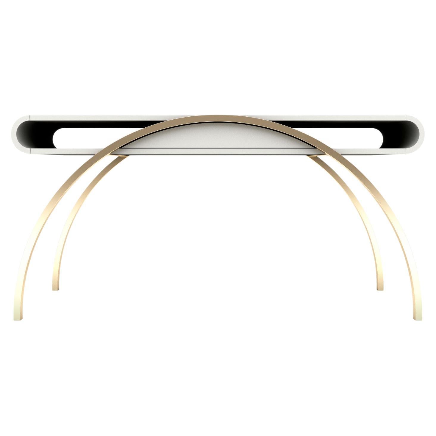 Crescent Low Coffee Table - Modern White Lacquered Coffee Table with Brass Legs For Sale at 1stDibs