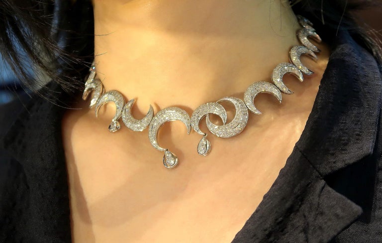 Crescent Diamond Pavé with Pear Shaped Drops 18K White Gold Necklace ...