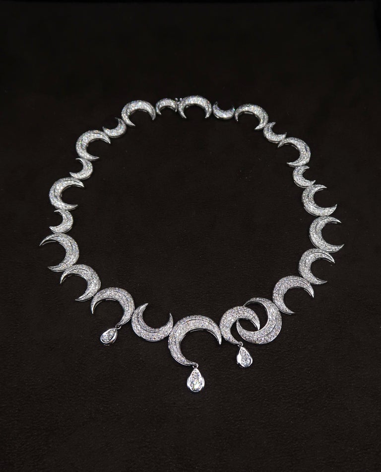 Crescent Diamond Pavé with Pear Shaped Drops 18K White Gold Necklace ...