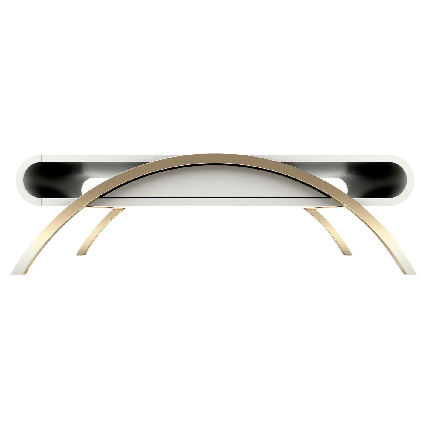 Crescent Low Coffee Table - Modern White Lacquered Coffee Table with Brass Legs For Sale at 1stDibs