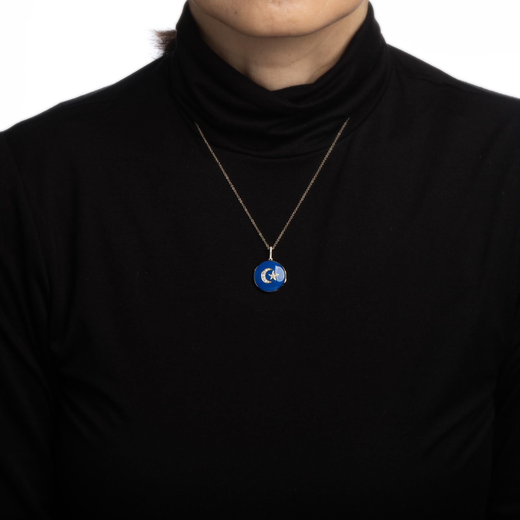 Crescent Moon Diamond Locket 14k Yellow Gold Enamel Pendant Celestial ...