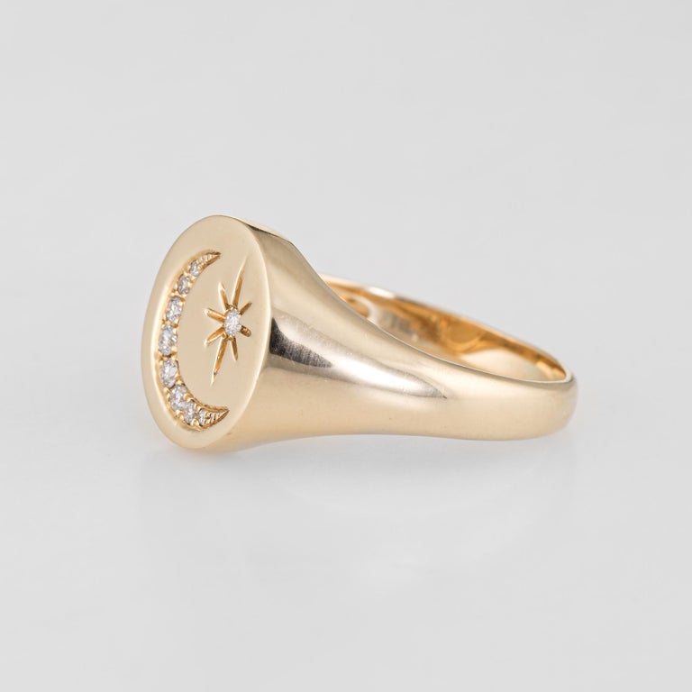 Crescent Moon Star Diamond Signet Ring Estate 14 Karat Yellow Gold ...