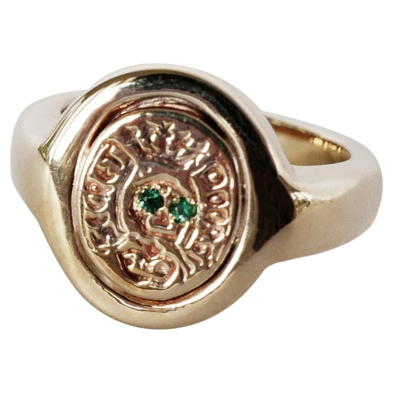 Crest Signet Ring Emerald Memento Mori Style Skull Bronze J Dauphin For ...