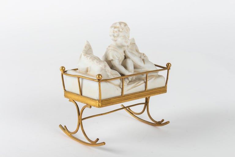 Crib Brass Gilded and Child with Bed and Biscuit Pillows at 1stDibs