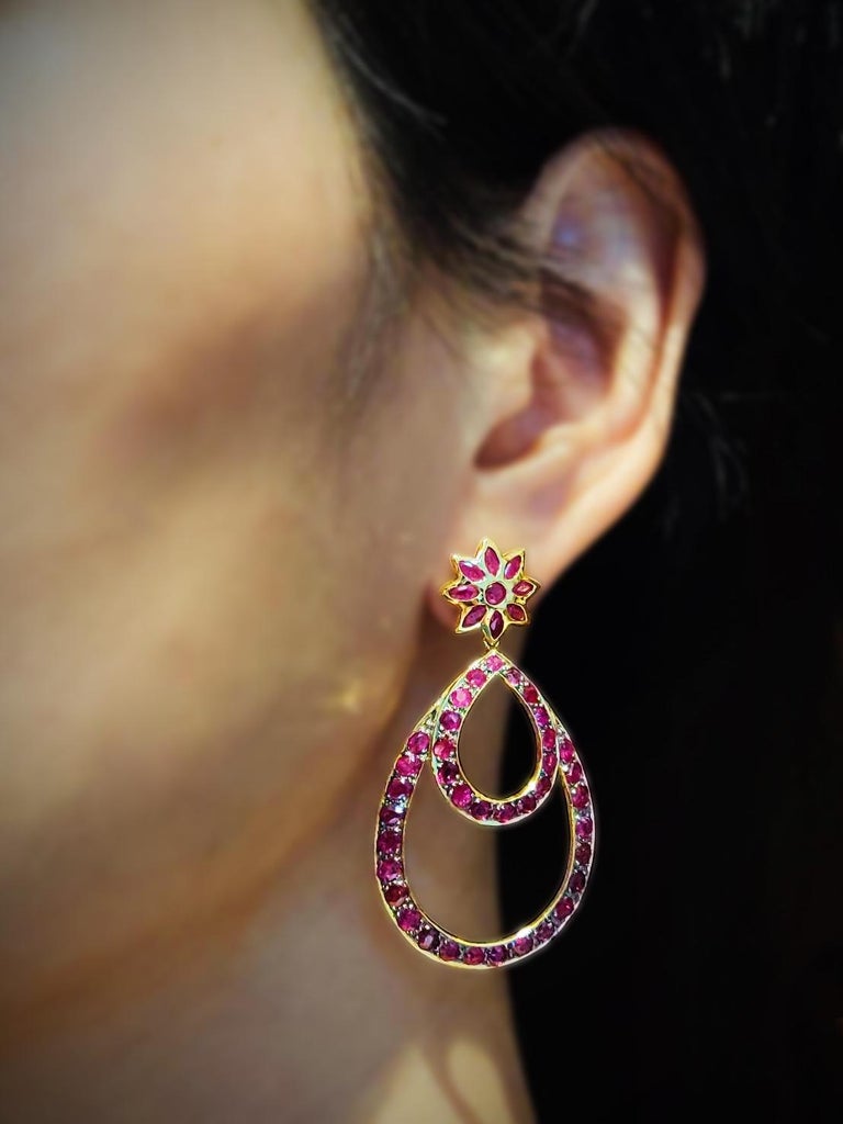 Crimson Red Ruby Abstract Floral 18K Gold Studs with Detachable ...