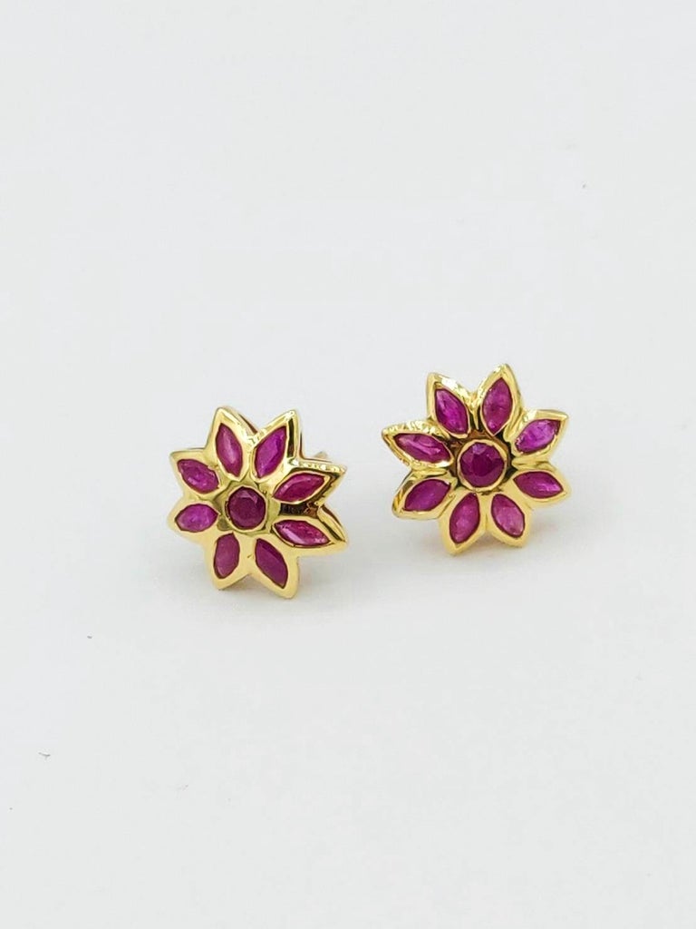Crimson Red Ruby Abstract Floral 18K Gold Studs with Detachable ...