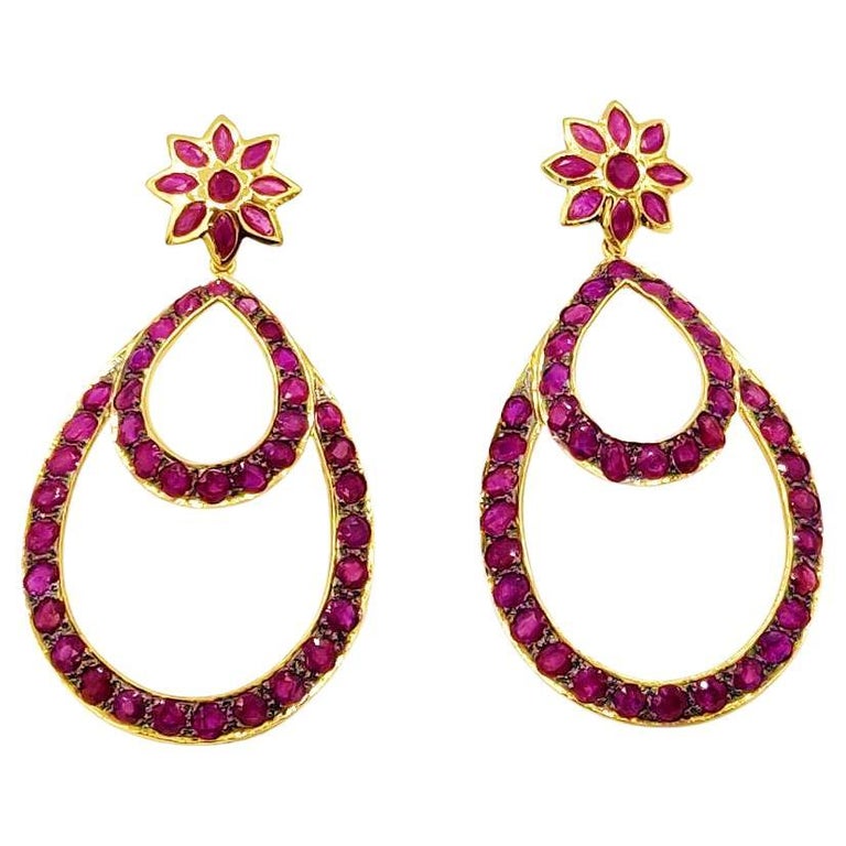 Crimson Red Ruby Abstract Floral 18K Gold Studs with Detachable ...