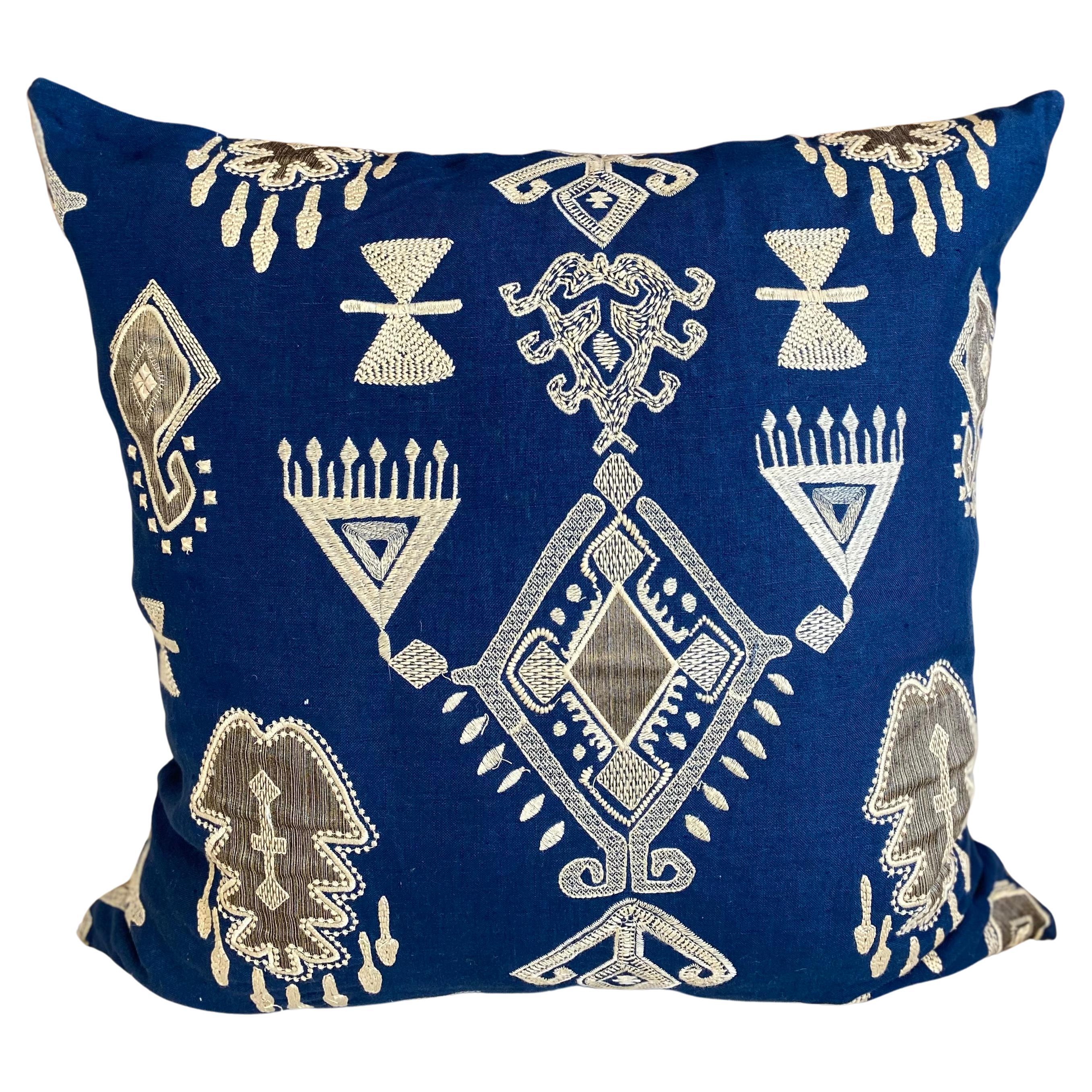 Crisp Navy Pillow with Bronze Raised Silk Emblems and Bronze Leather ...