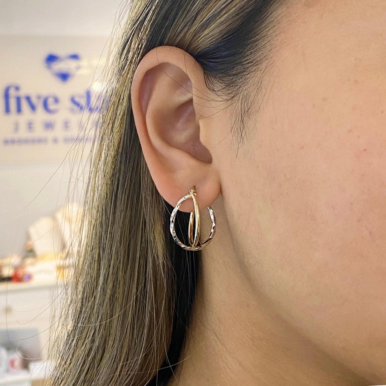 Criss Cross Hoop Earrings, Yellow-White Gold Hoops, Two Tone Twist ...