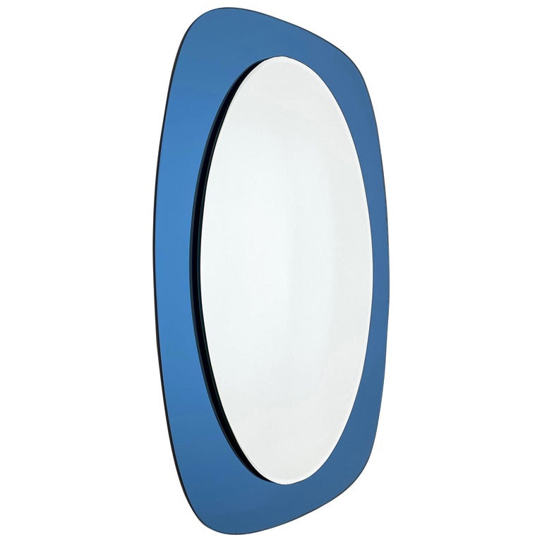 Cristal Art Midcentury Oval Italian Wall Mirror with Blue Glass Frame ...