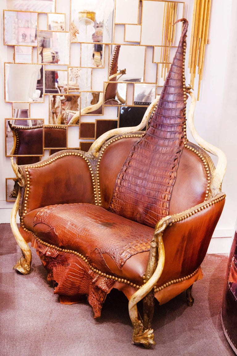 Crocodile Brown Sofa with Real Nile Crocodile Skin and Natural Horns ...