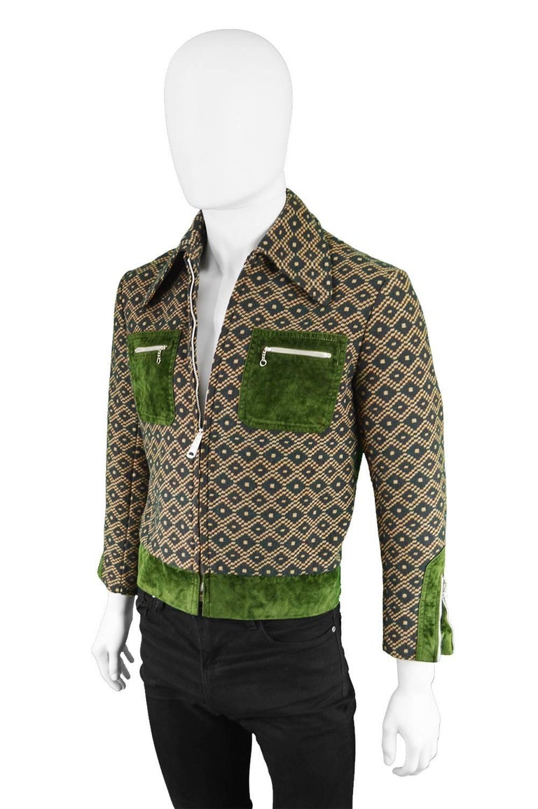 Crocodile Men's Vintage 1970s Woven Tapestry Jacket with Green Velvet ...