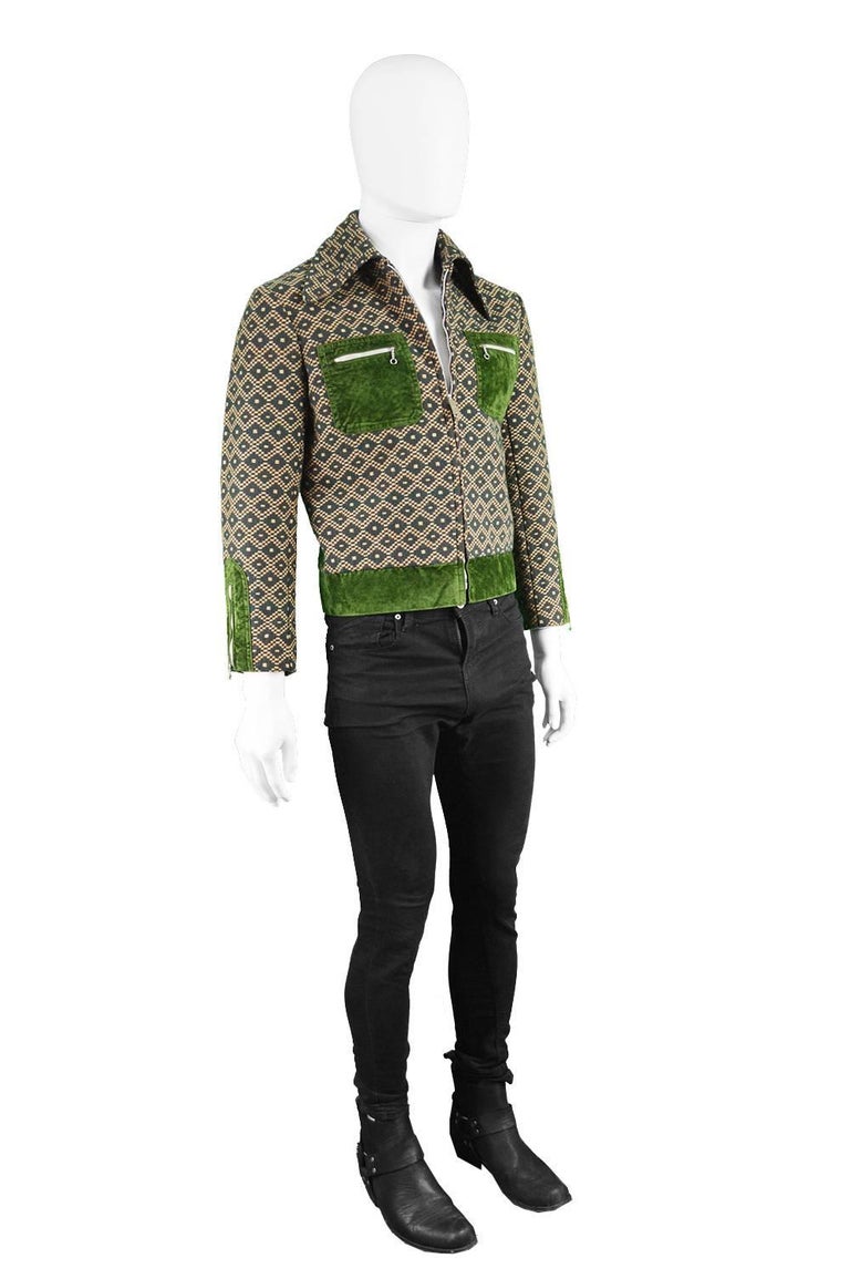 Crocodile Men's Vintage 1970s Woven Tapestry Jacket with Green Velvet ...
