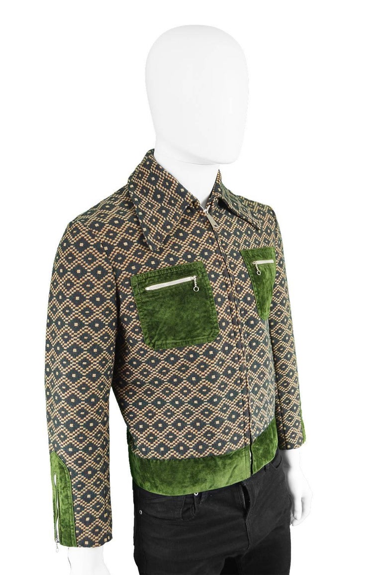 Crocodile Men's Vintage 1970s Woven Tapestry Jacket with Green Velvet ...