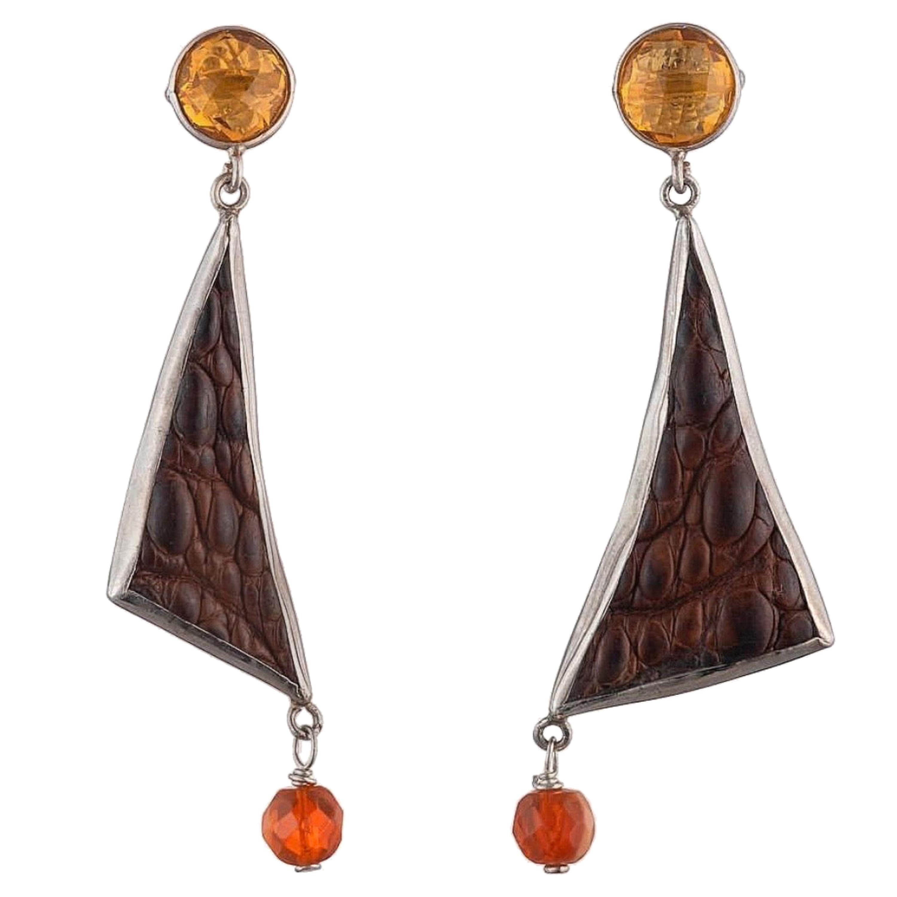 Crocodile Skin Triangle Earrings, Citrine and Fire Opal Set in Sterling ...