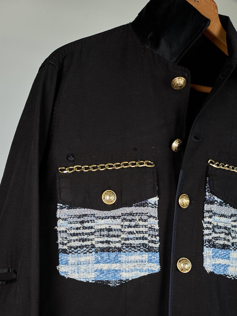 Cropped Black Military Jacket Silver Blue Tweed Chain Single Breasted J ...