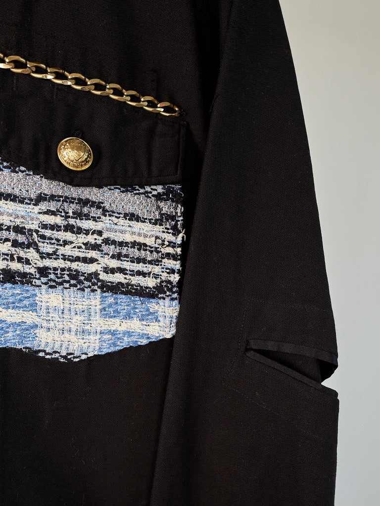 Cropped Black Military Jacket Silver Blue Tweed Chain Single Breasted J ...