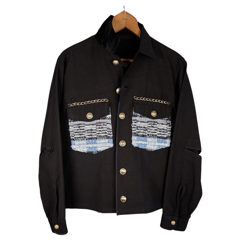 Cropped Black Military Jacket Silver Blue Tweed Chain Single Breasted J ...