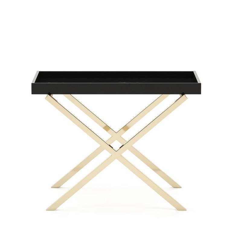 Cross Gold Legs Side Table with Varnished Black Oak Top at 1stDibs