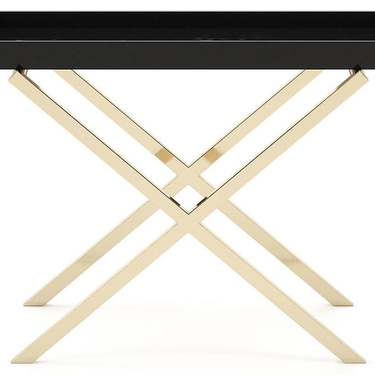 Cross Gold Legs Side Table with Varnished Black Oak Top at 1stDibs