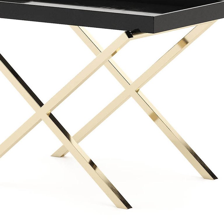 Cross Gold Legs Side Table with Varnished Black Oak Top at 1stDibs