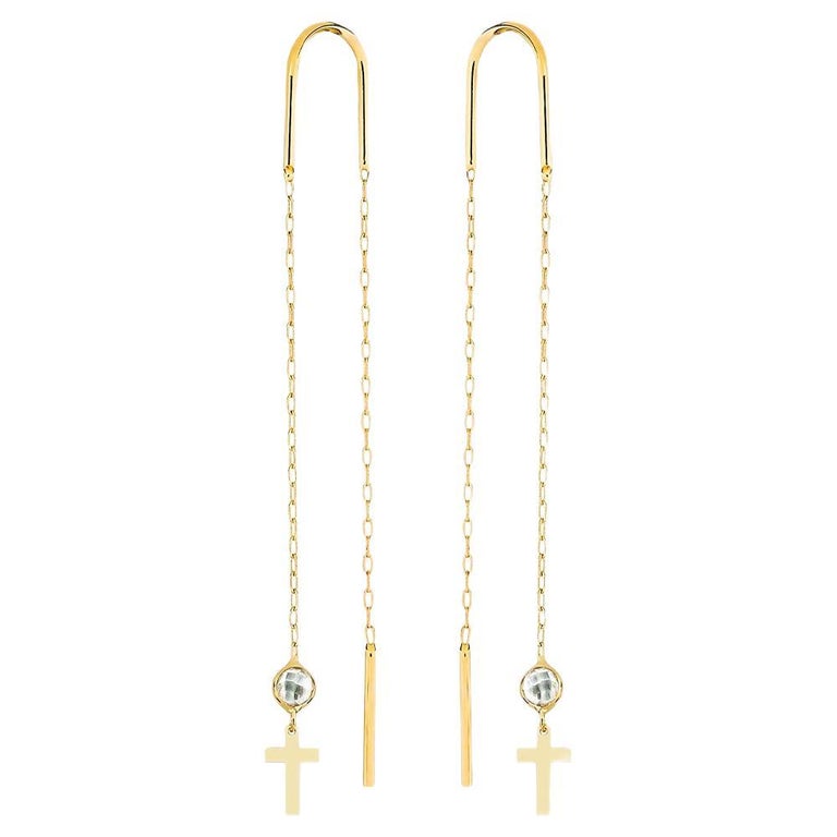 Cross Gold Threader Chain Earrings. 14k gold cross earrings. For Sale ...