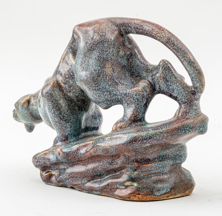 Crouching Panther Ceramic Pottery Sculpture, Unsigned For Sale at 1stDibs