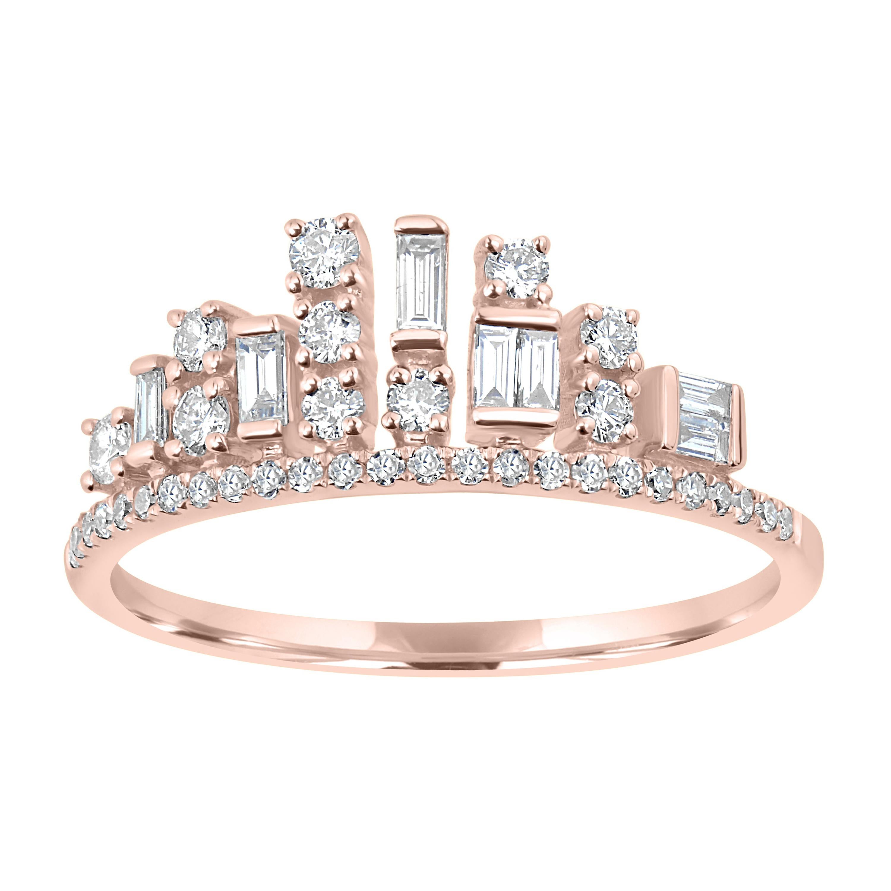 Luxle 0.44 CT. T.W Baguette and Round Diamond Crown Ring in 14k Rose ...