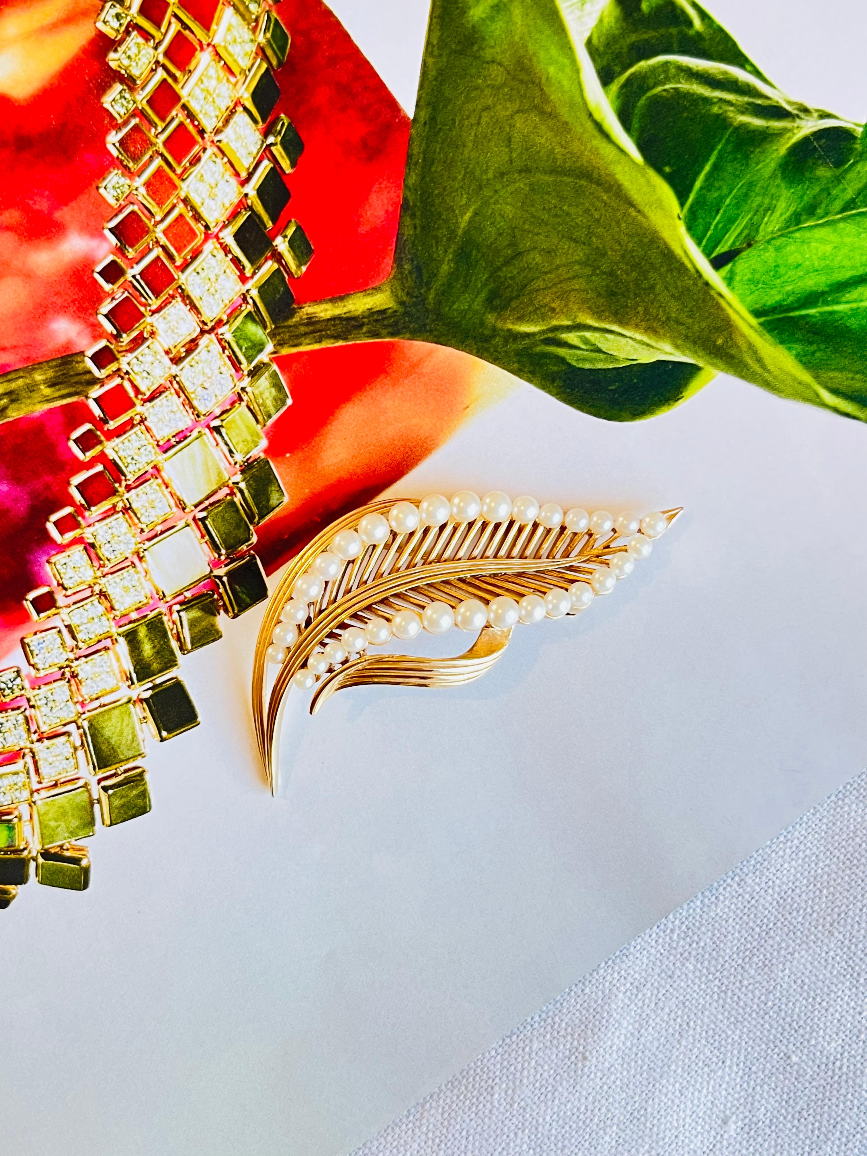 Crown Trifari 1950s Large Sway Wind Leaf Reed Wheat Pearls Openwork ...