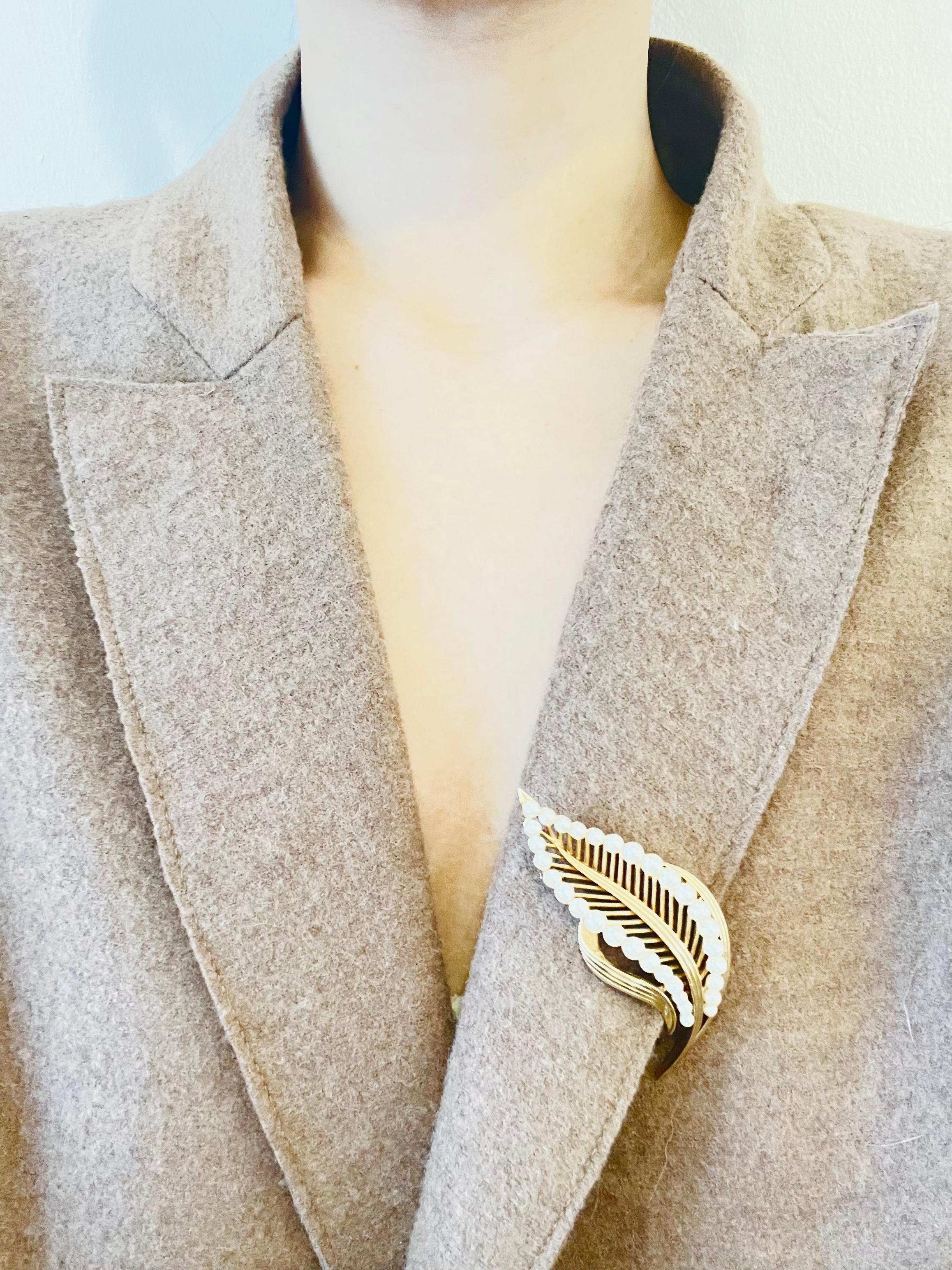 Crown Trifari 1950s Large Sway Wind Leaf Reed Wheat Pearls Openwork ...