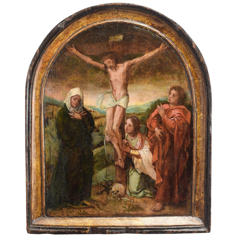 Crucifixion, Oil on Panel, Spanish-Flemish School, 16th Century at 1stDibs
