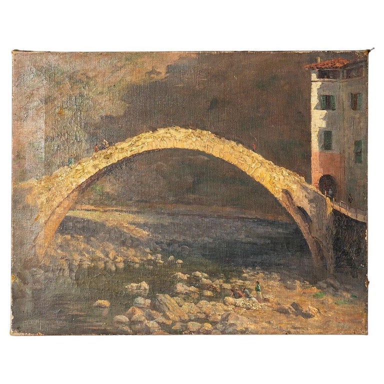 Crumbling Bridge Landscape, Oil on Canvas by Charles S. Meacham, 1920s ...