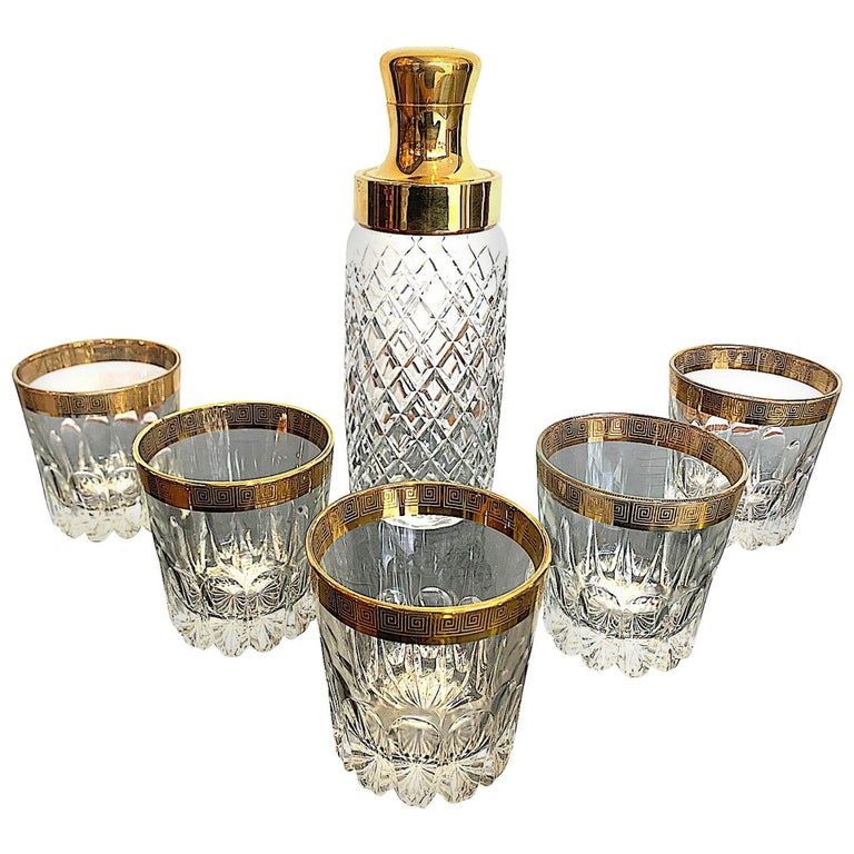 Crystal and Gilt Cocktail Set with Shaker and Six Matching Gilt Edged ...