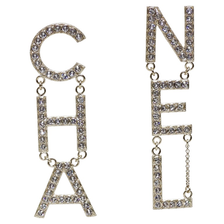 Crystal CHA-NEL Logo Runway Drop Earrings at 1stDibs
