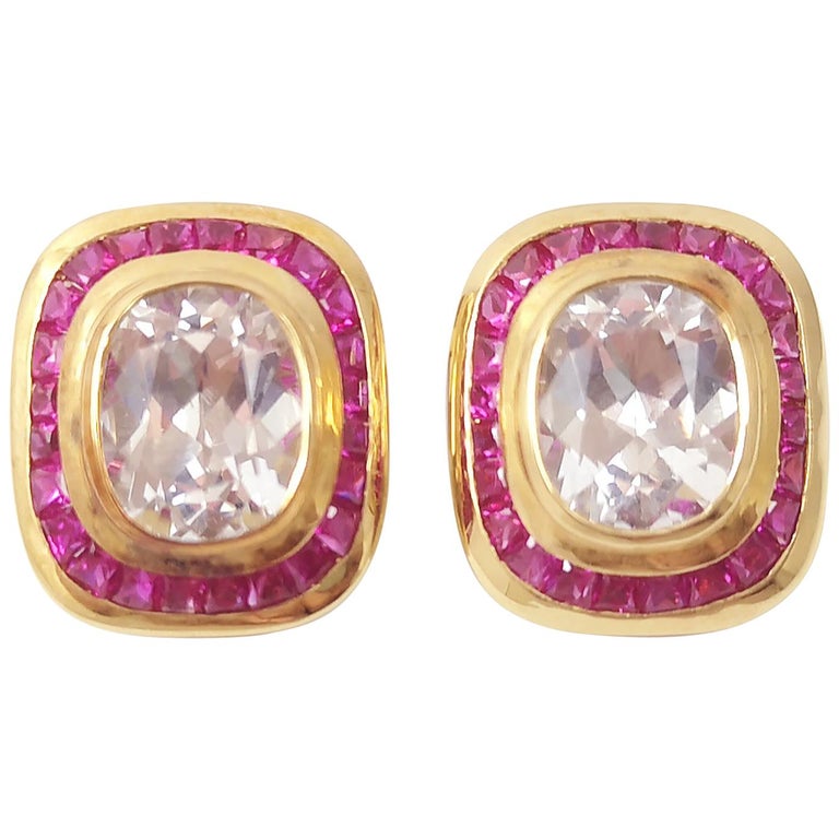 Crystal Quartz with Ruby Earrings Set in 18 Karat Gold Settings For ...