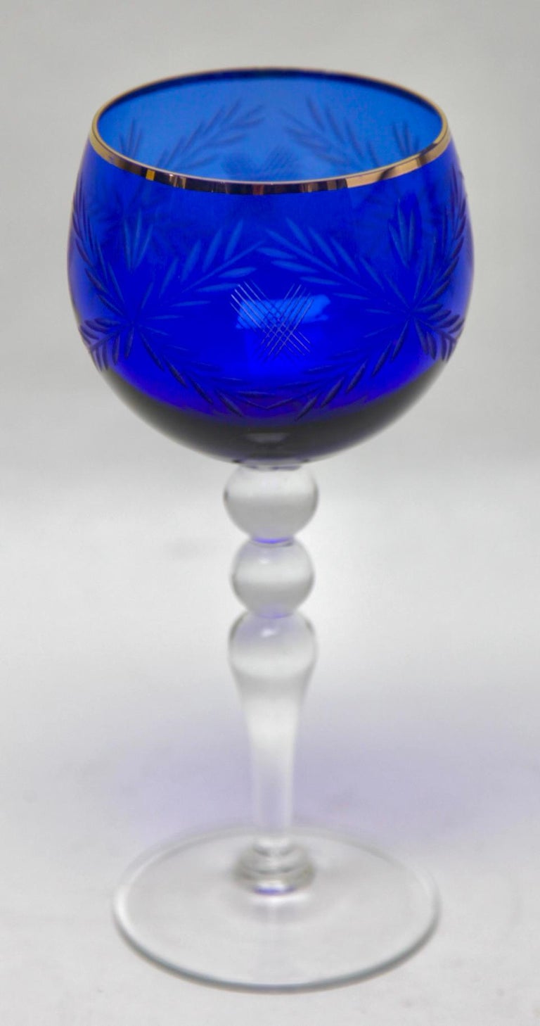 Crystal Set of 4 Stem Glasses Cobalt Overlay Cut to Clear with Tray For ...