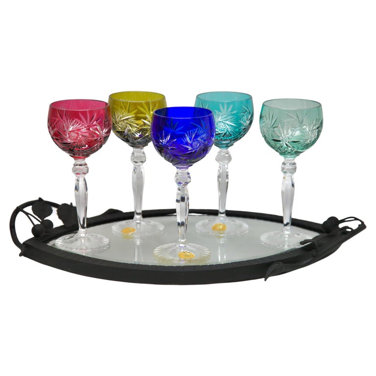 Crystal Set of 5 Stem Glasses Colored Overlay Cut to Clear with Tray ...