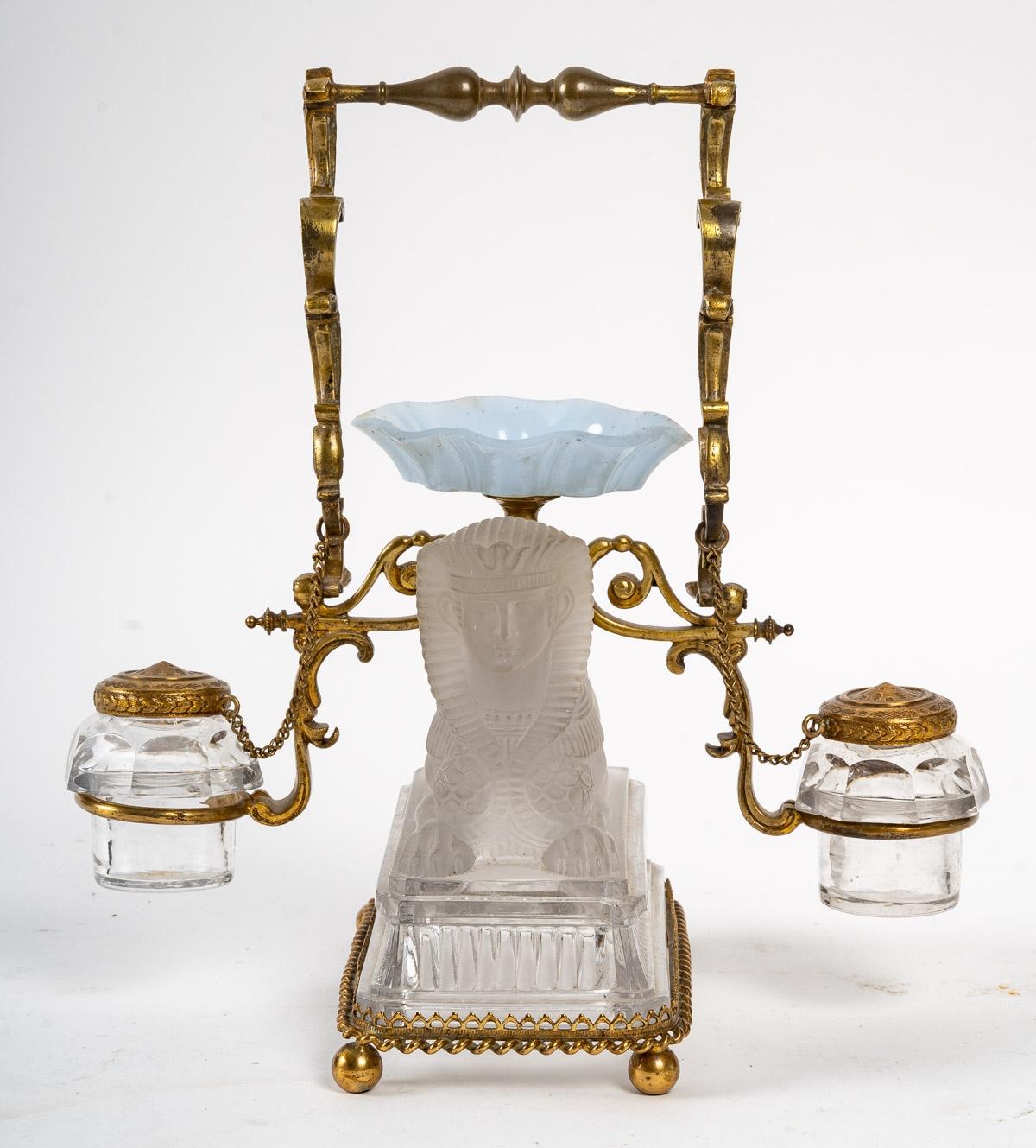 Crystal Table Top with Two Inkwells, 19th Century For Sale at 1stDibs