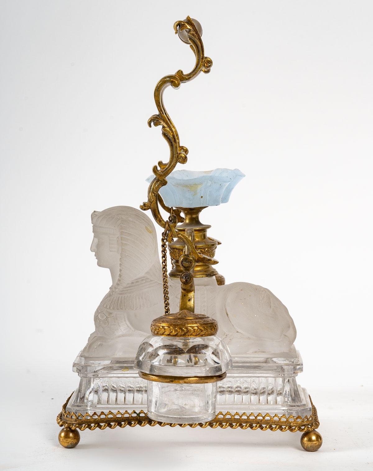 Crystal Table Top with Two Inkwells, 19th Century For Sale at 1stDibs