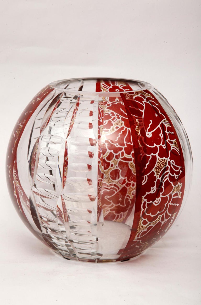 Crystal Vase by Karl Palda, Art Deco, Enameled Bohemian Glass, 1930s ...