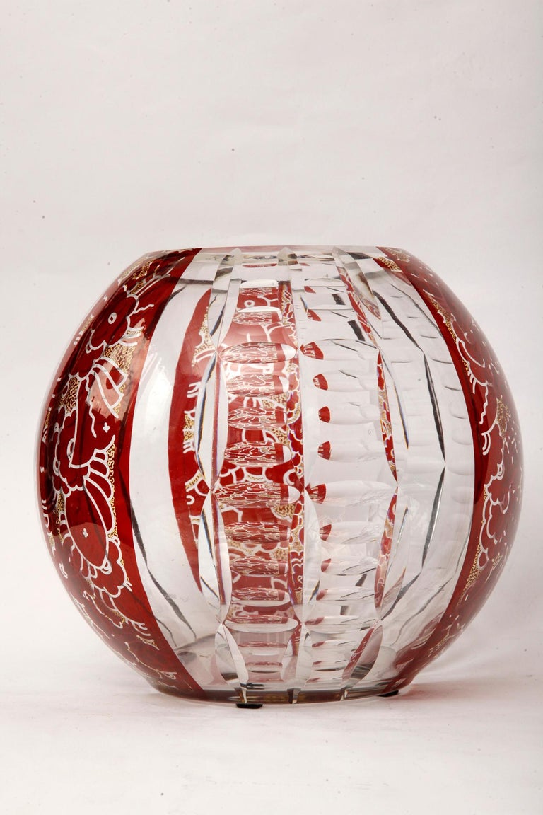 Crystal Vase by Karl Palda, Art Deco, Enameled Bohemian Glass, 1930s ...