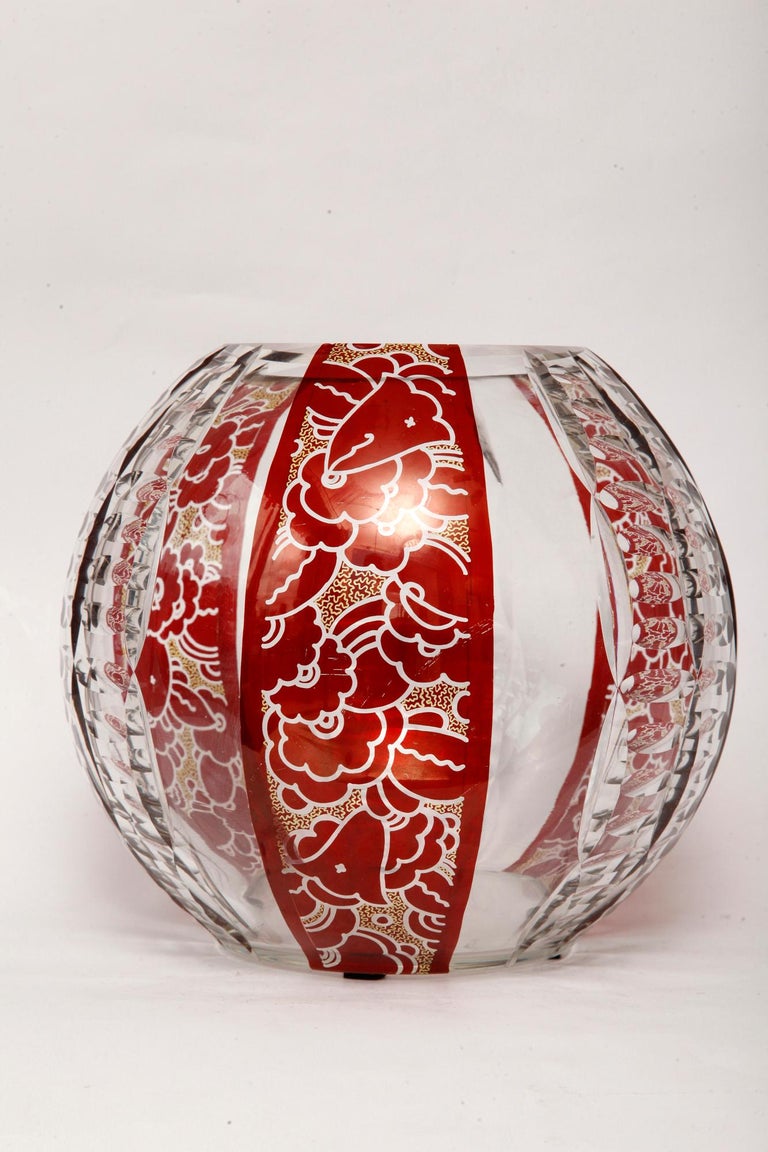 Crystal Vase by Karl Palda, Art Deco, Enameled Bohemian Glass, 1930s ...