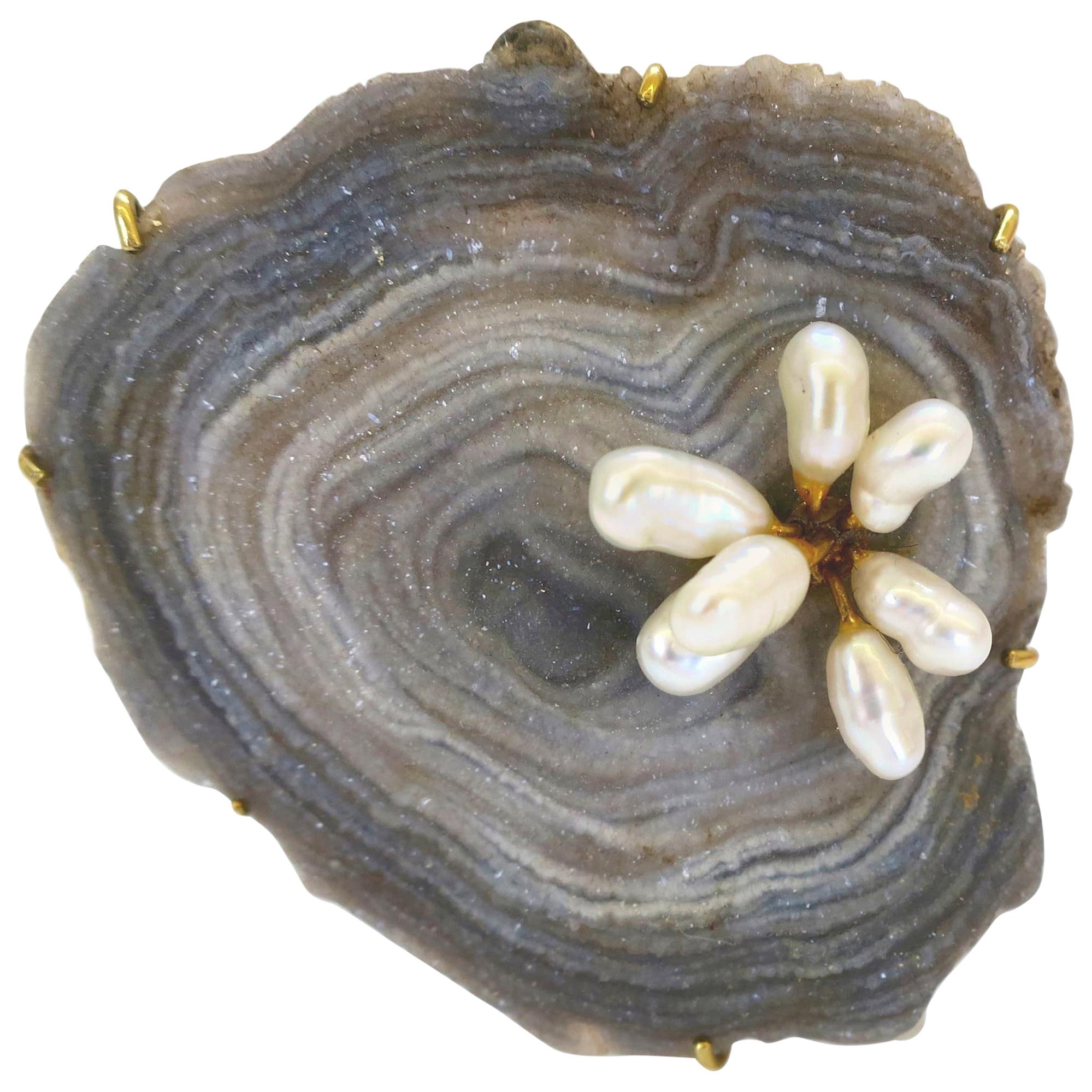 Crystallized Agate Geode Gold and Pearl Pendant/Brooch, 1960s For Sale ...