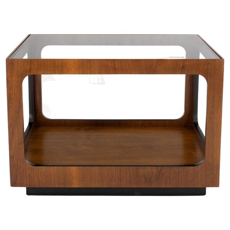 Cube Shape Rectangular Smoked Glass Oiled Walnut Side End Table For ...