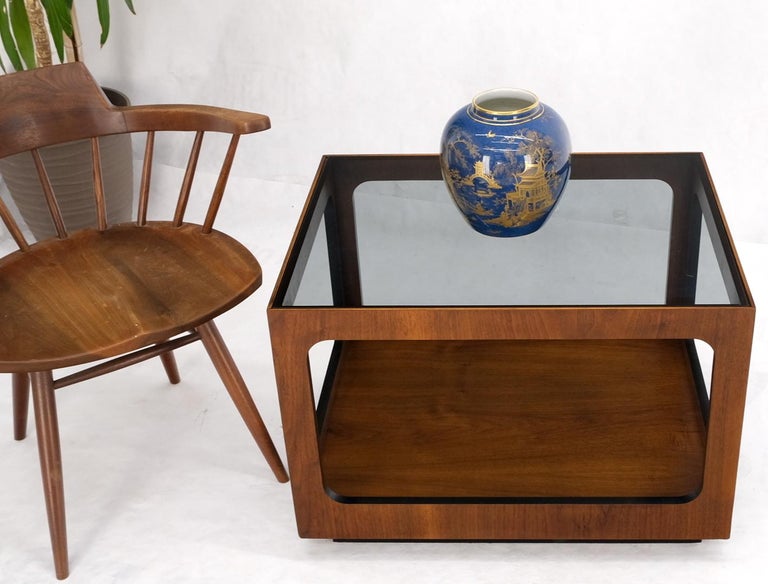 Cube Shape Rectangular Smoked Glass Oiled Walnut Side End Table For ...