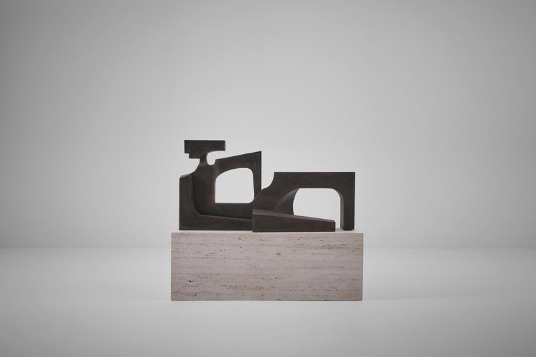 Cubist Steel Sculpture on Travertine Base, 1978 at 1stDibs