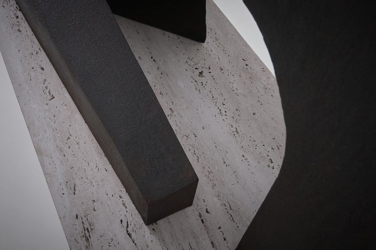 Cubist Steel Sculpture on Travertine Base, 1978 at 1stDibs