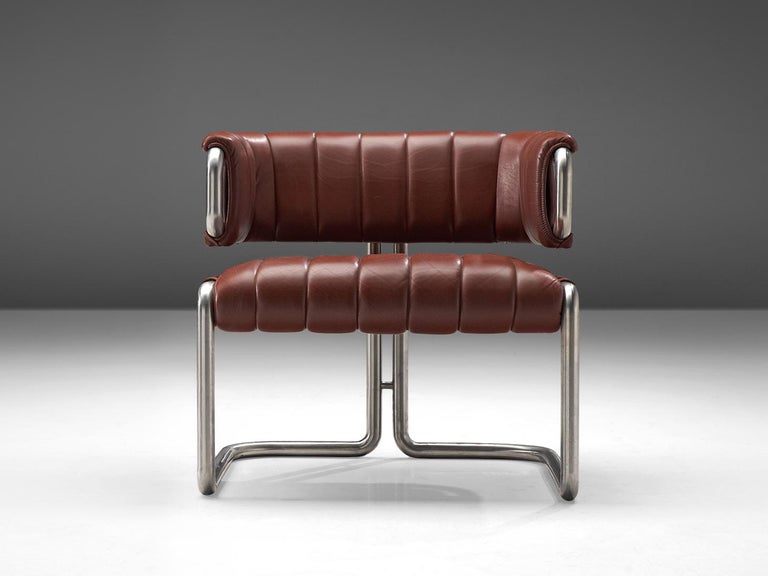 Cubist Tubular Lounge Chair in Red Leather For Sale at 1stDibs
