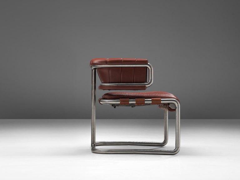 Cubist Tubular Lounge Chair in Red Leather For Sale at 1stDibs