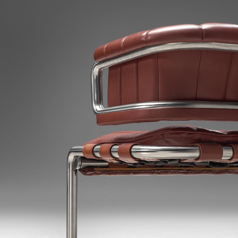 Cubist Tubular Lounge Chair in Red Leather For Sale at 1stDibs